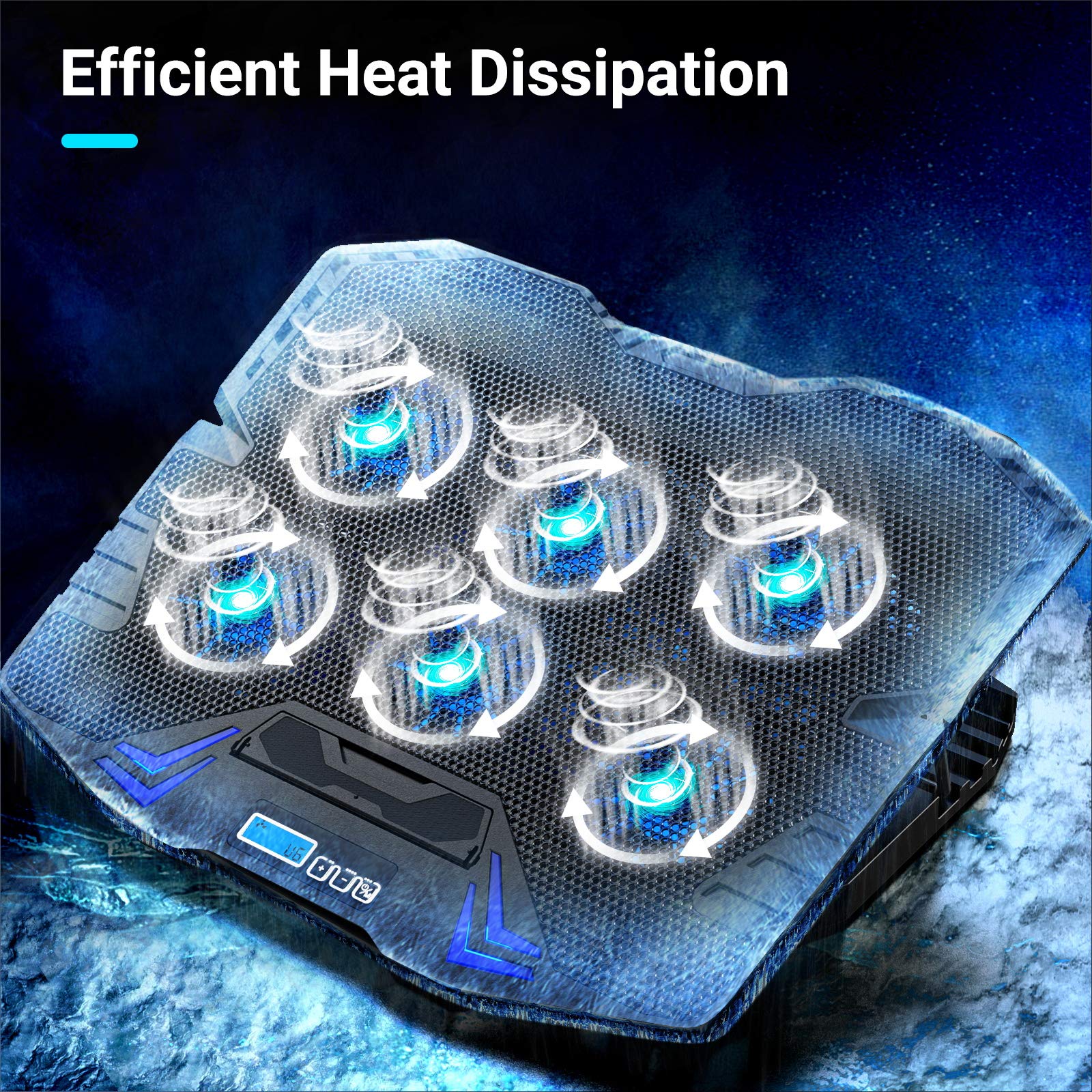 Gaming Laptop Cooling Pad, Adjustable Laptop Cooler Cooling Pad with 6 Quiet Blue LED Fans, Laptop Fan Cooling Pad for 15.6-17.3 Inch Laptop, Cooling Fan for Laptop with Dual USB Ports & 1 Cable