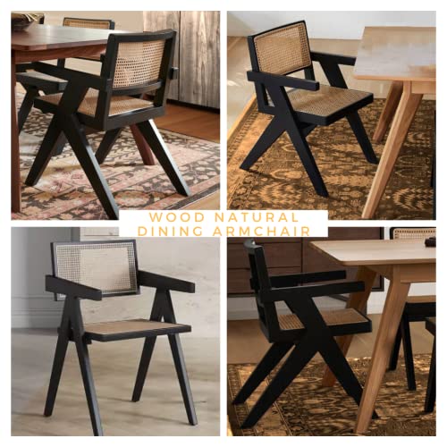 First of a Kind Rattan Cane Dining Chair - Mid-Century Modern Chairs with Mesh Back - Comfy Side Chair with Arms for Dining Room β Farmhouse Wooden Frame Accent Chair for Kitchen - Black