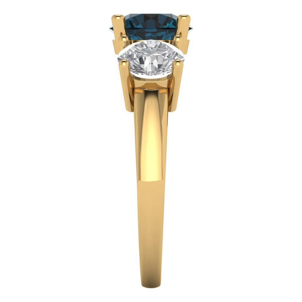 Clara Pucci 3.35 ct Round Cut Custom Engraving 3 stone Natural London Blue Topaz Designer Solitaire Statement Ring 18K Yellow Gold Size 6
