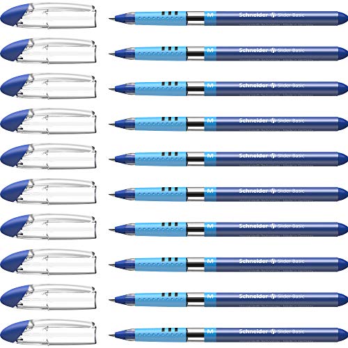 Schneider Slider Basic M (Medium) Ballpoint Pen, 1.0 mm, Transparent Barrel, Blue Ink, Box of 10 Pens (151103)