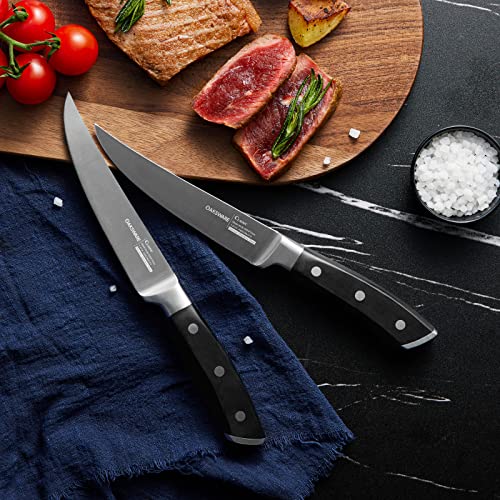 OAKSWARE Steak Knives Set of 8 with Block, 5 inch Non Serrated Steak Knife Set, 8 Pieces Professional Straight Edge Kitchen Table Dinner Knives - Forged German Steel - Full Tang Handle