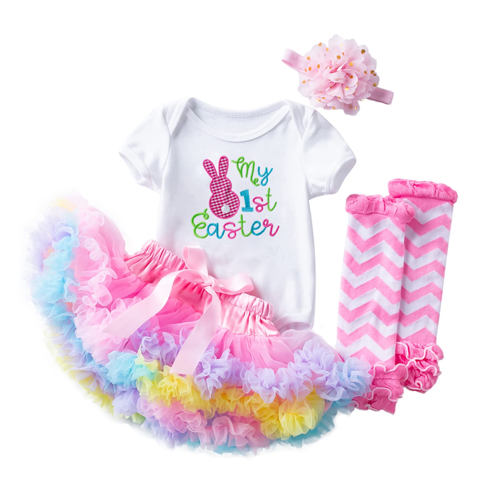 My First Easter Outfits Baby Girl Short Sleeve Rabbit Romper+Tutu Skirt+Headband+Leg Warmers Clothes Set (Pink, 0-3 Months)