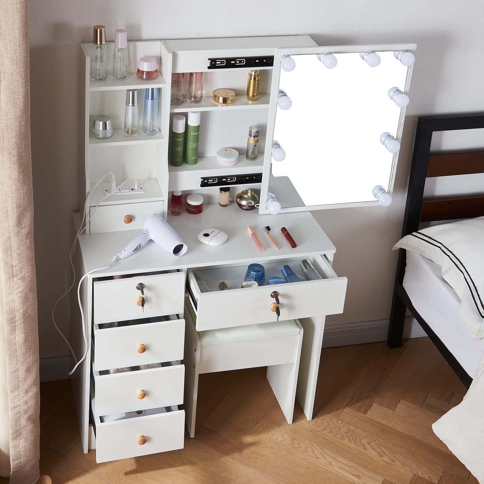 Buildonely Makeup Vanity Desk with Mirror and Lights, Dressing Table Set with 6 Drawers, 3 Color Modes Dimmer Switch 10 Light Bulbs, Vanity Set with Cushioned Stool for Girls, Women, Bedroom. White