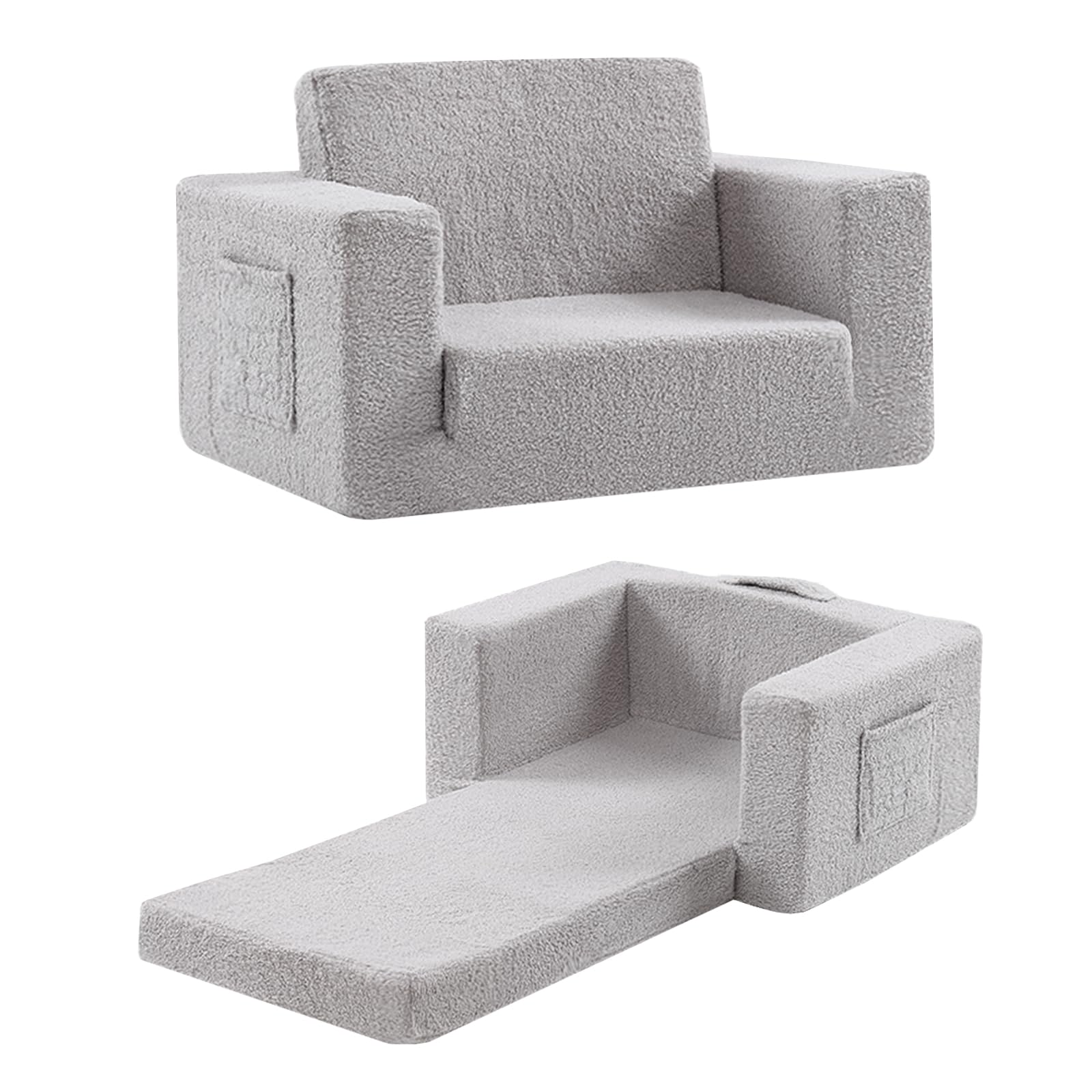 Givjoy Toddler Chair Sherpa Kids Couch, 2-in-1 Toddler Soft Kids Sofa Toddler Lounger Chair for Bedroom, Convertible Toddler Couch for Girls and Boys, Reading Chair for Kids, Grey