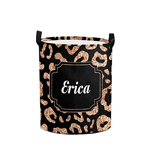 Leopard Print Monogram Personalized Foldable Freestanding Laundry Basket Clothes Hamper with Handle, Custom Collapsible Storage Bin for Toys Bathroom Laundry
