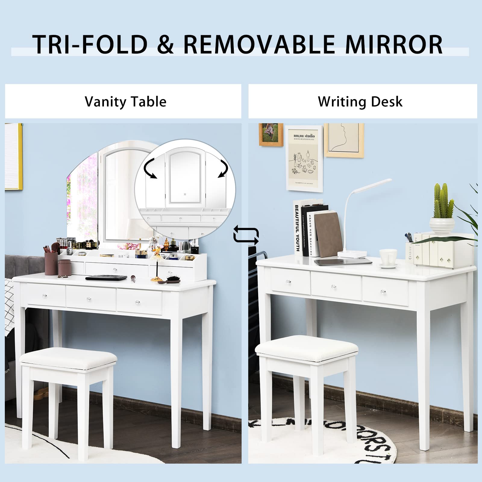 CHARMAID Large Vanity Set with Tri-Folding Lighted Mirror, 3 Color Lighting Modes, 6 Drawers, 12 Storage Compartments, Bedroom Makeup Dressing Table with Cushioned Stool for Women Girls, White