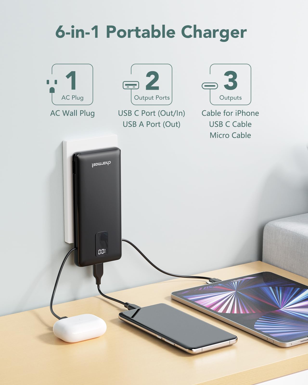 Charmast Portable Charger with Built-in Cables and AC Wall Plug, 10000mAh Compact Slim Power Bank, External Battery Pack, Travel Essentials Compatible with iPhone, Samsung, iPad, All Cellphones