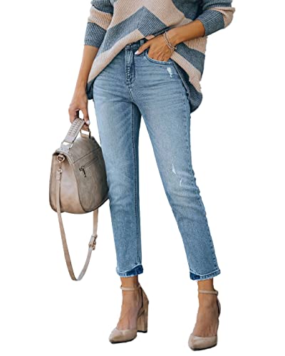 Lesore Womens High Waist Washed Raw Hem Boyfriend Ripped Distressed Destroyed Straight Leg Cropped Jeans Denim Pants Pockets Blue 29