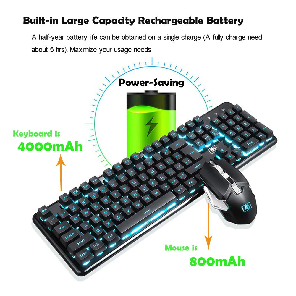 Soke-Six Wireless Rechargeable Backlit Keyboard and Mouse Combo, 2.4G Full-Size Mechanical Feel Gaming Keyboards with USB 2400DPl Mice,Adjustable Breathing Lamp,Anti-Ghosting (Black& Blue Light)