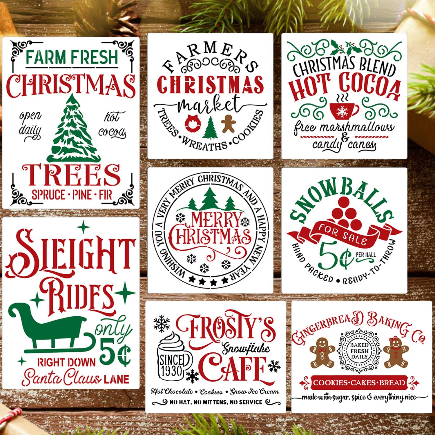 Christmas Stencils for Painting on Wood 12" Christmas Vintage Stencil Xmas Tree/Hot Cocoa/Gingerbread/Sleight Rides Holiday Drawing Templates for Door Hanger/Pillow Cover/Wood Sign/Glass Block Decor