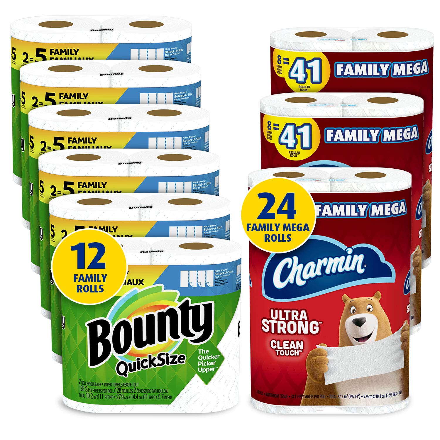 Charmin Ultra Strong Clean Touch Toilet Paper, 24 Family Mega Rolls and Bounty Quick-Size Paper Towels,12 Family Rolls, Bundle (Packaging May Vary)
