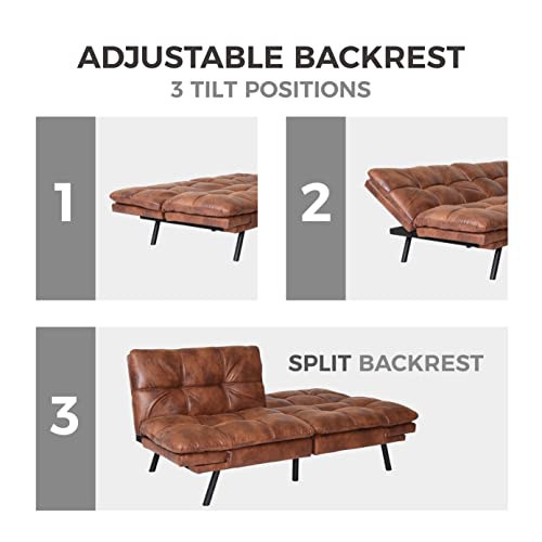 Futon Sofa Bed,Faux Leather Memory Foam Couch,Modern Convertible Loveseat Folding Sleeper Sofa with Adjustable Armrest and Backrest,Sofa Daybed Folding Recliner for Apartment Dorm Living Room,Brown