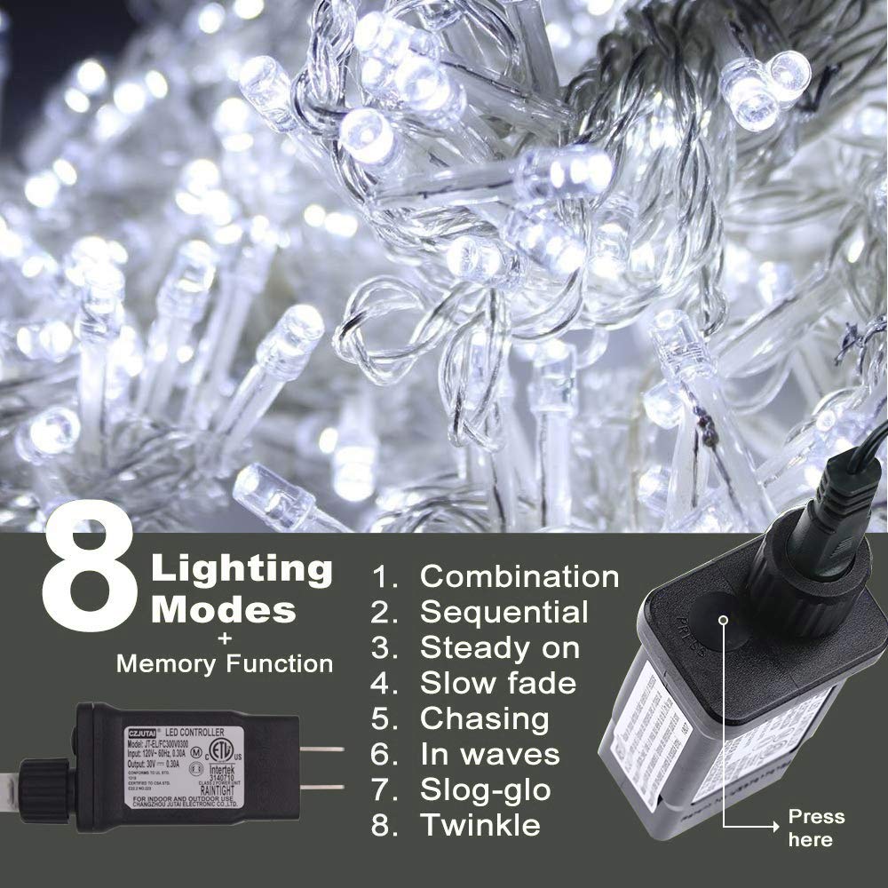 Christmas String Lights - 120 LEDs 49ft/15m End-to-End 8 Modes Plug in - Indoor/Outdoor Waterproof Decorative Fairy Twinkle Xmas Lights for Home/New Year/Tree/Thanksgiving Day/Wedding - Cool White
