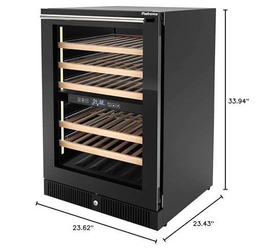 Frostronics 24 Inch Dual Zone Wine Refrigerator, 51 Bottles Under Counter Built-In or Freestanding Wine Cellar, Wine Cooler with Quiet Compressor Cooling and Reversible Glass Door, Fits Large Bottle