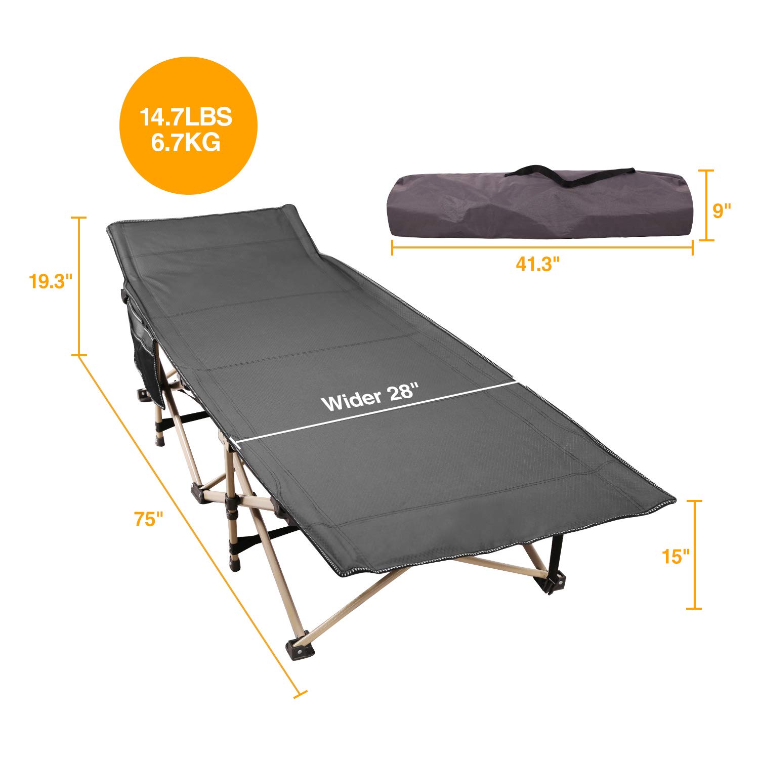 CAMPMAX Camping Cots for Adults Most Comfortable, Double Layer Oxford Sturdy Folding Sleeping Cots for Heavy People Outdoor Travel Home Use, Portable with Carry Bag, Grey
