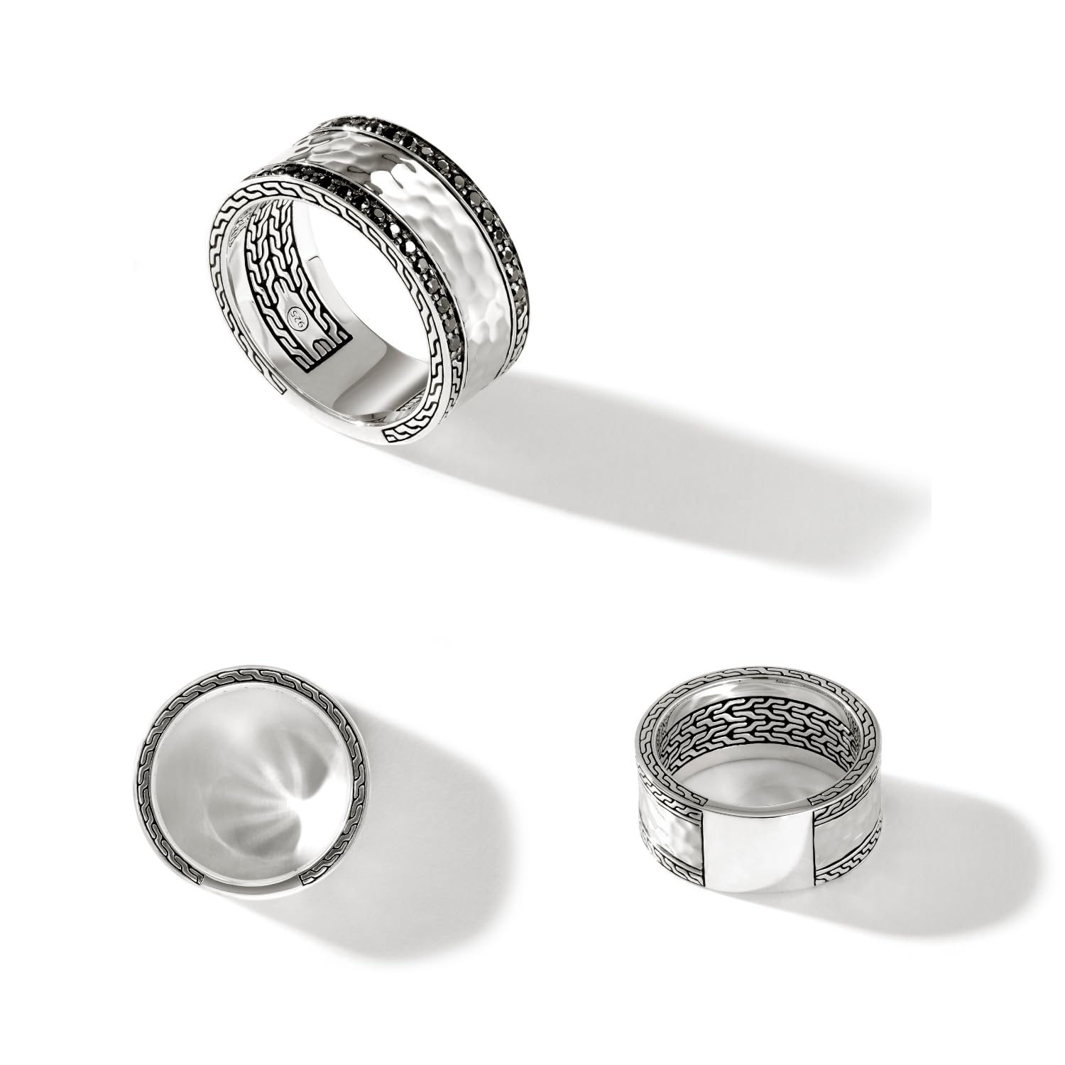 Classic Chain Hammered Silver 10mm Band Ring with Treated Black Sapphire and Black Spinel (Sterling Silver, 9)