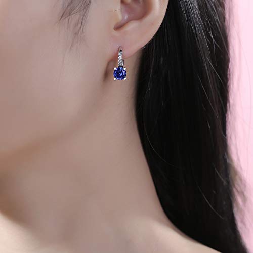CACESTONE Created Blue Sapphire Earrings Cubic Zirconia Sterling Silver Gemstone Hoop Dangle Earrings for Women Anniversary Birthday Gift September Birthstone Earrings