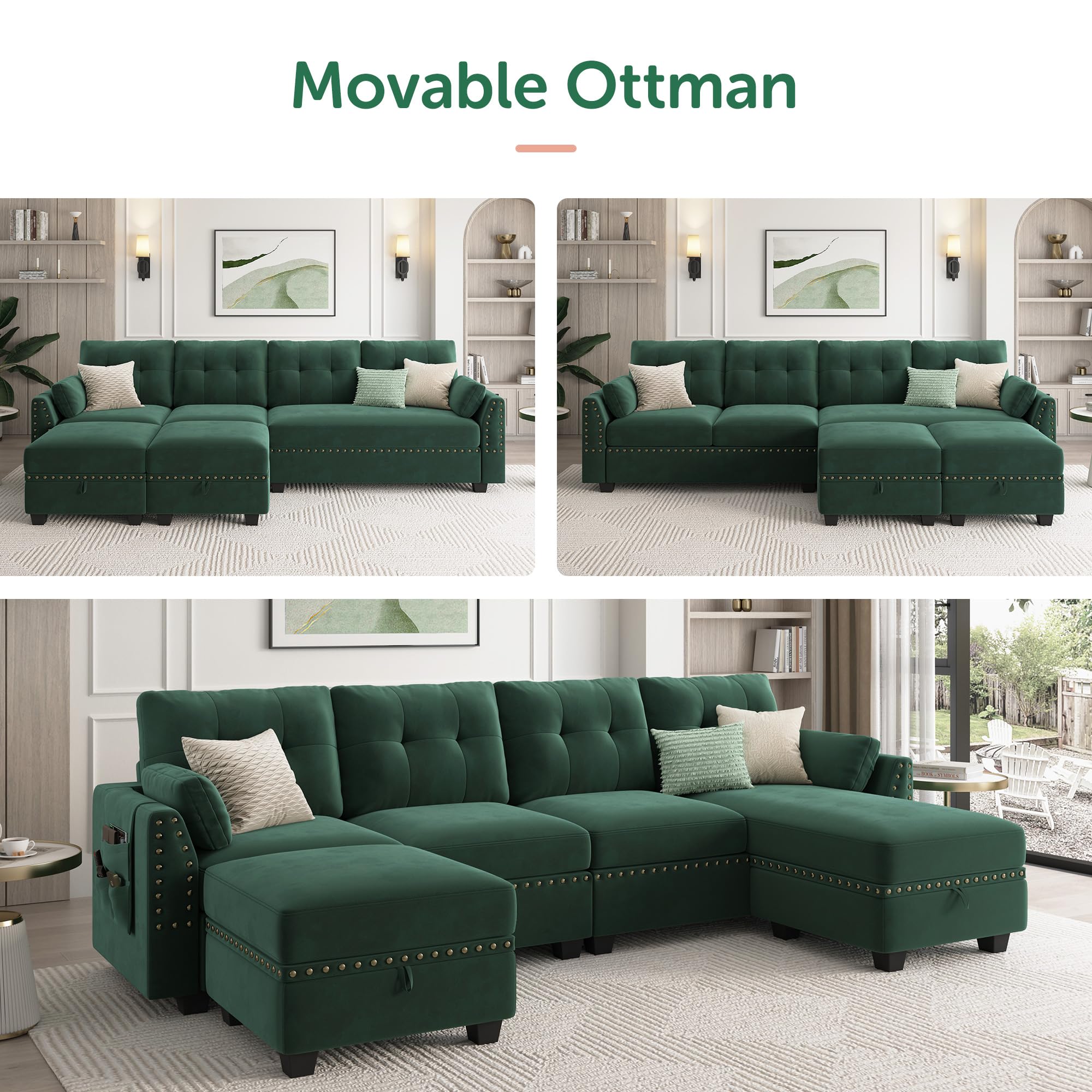 HONBAY Velvet Reversible Sectional Sleeper Sofa with Storage Ottoman Convertible Couch 4-Seater Sectional Sofa Bed for Living Room,Green