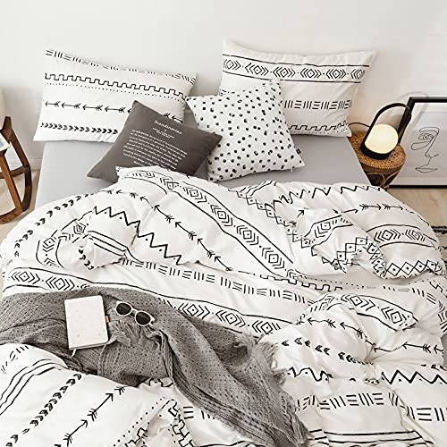 iyoimono Queen Size Duvet Cover Set Black Stripe and White Boho Geometric Bedding Set Reversible Quilt Comforter Cover with Zipper Closure (1 Duvet Cover 230x230cm+2 Pillow Shams 51x76cm)