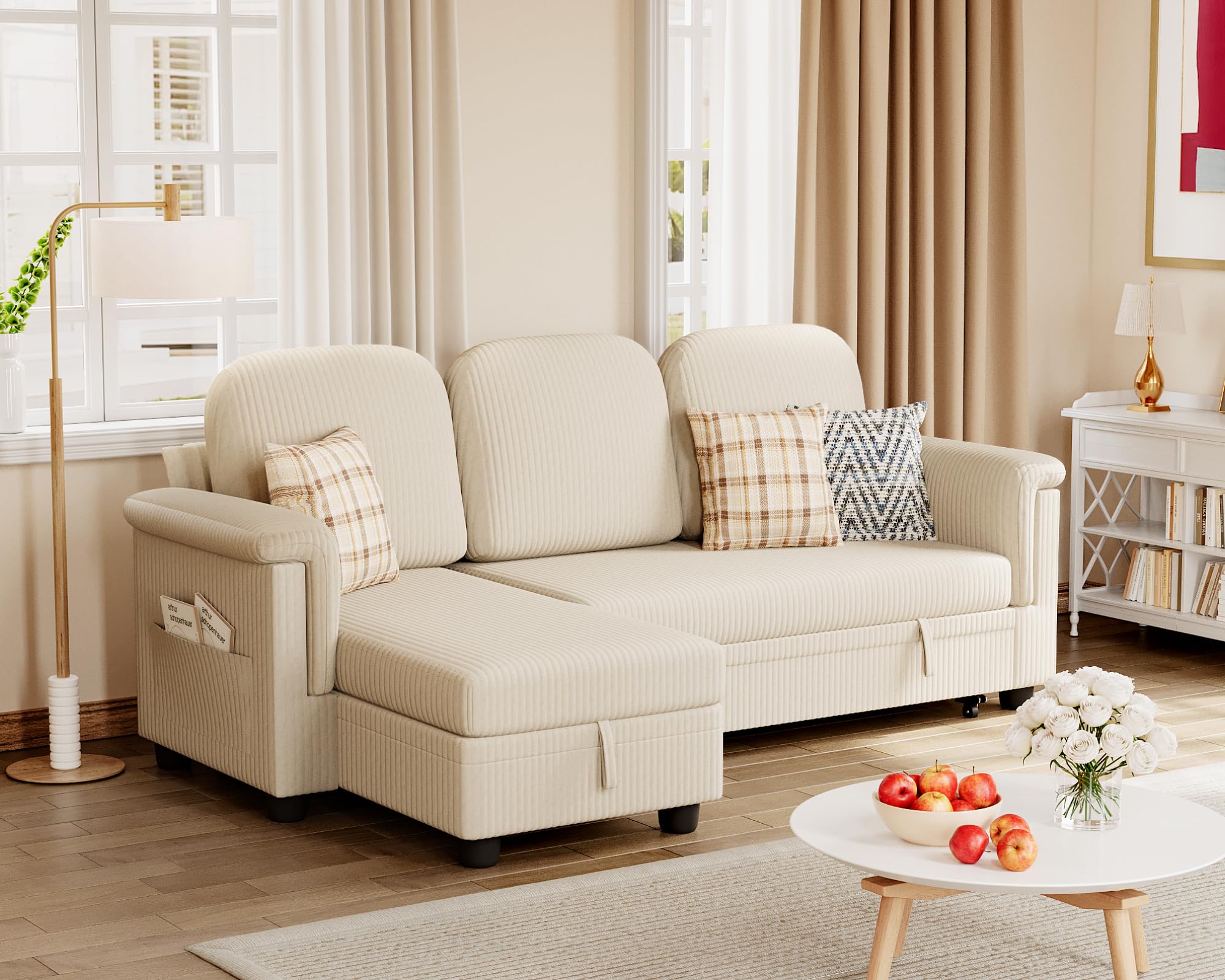 Furmax Sofa Bed Pull Out Couch with Side Storage Pockets L-Shaped Sleeper Sofa with Storage Chaise Sectional Couches for Living Room, Small Apartments (Corduroy, Beige)