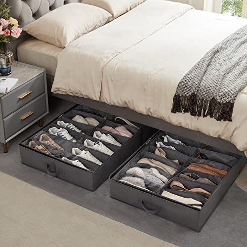 Lifewit 2 Packs Under Bed Shoe Storage Organizer, Total Fit 32 Pairs of Shoes, Foldable Shoe Rack Organizer Container with Reinforced Handle and Clear Cover for Women's and Men's Shoes