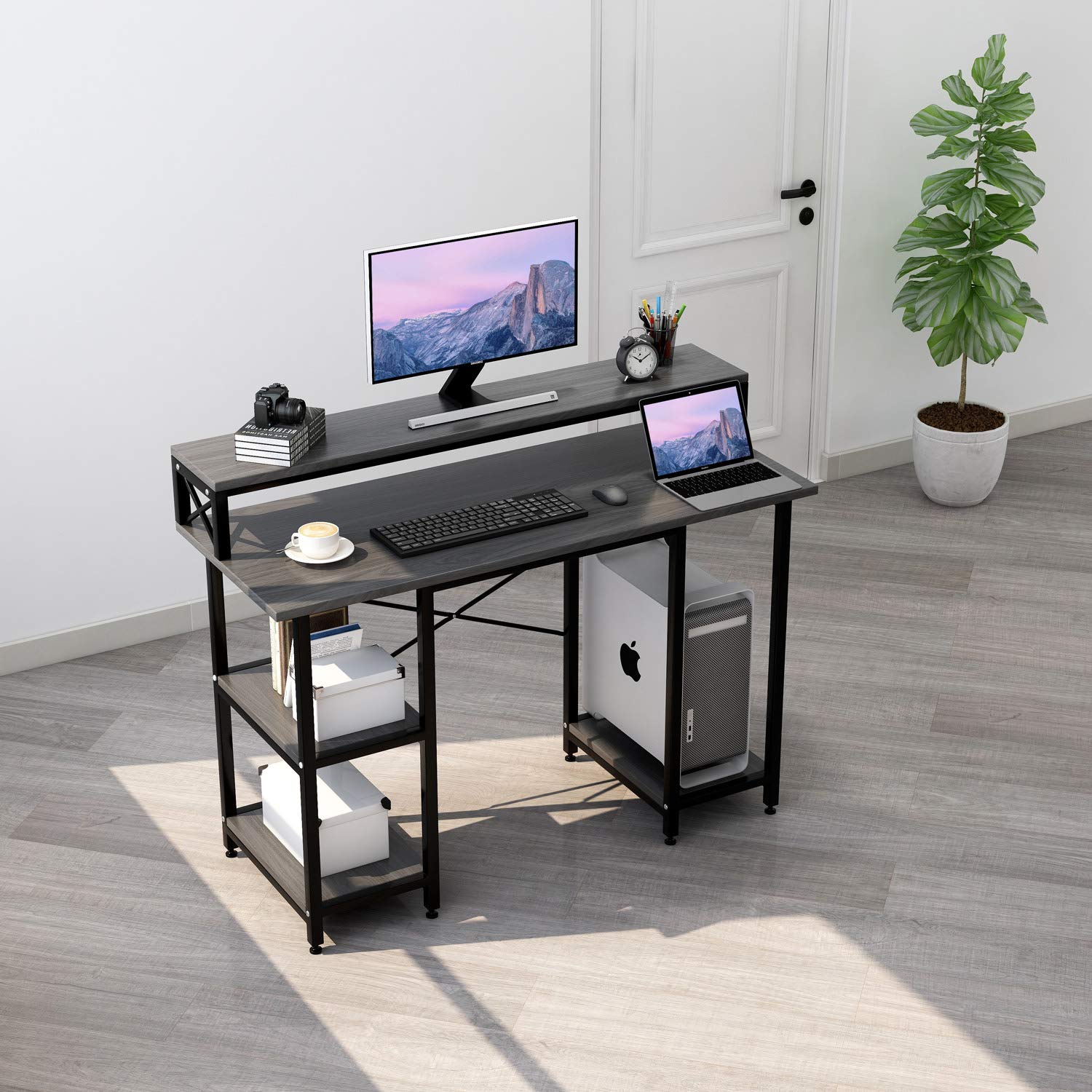 Computer Desk with Shelves - Writing Study Desk with Monitor Stand Shelf/Bookshelves/CPU Stand,Modern Study Table Stable Metal Frame Student Desk for Small Space Home Office Workstation(Black)
