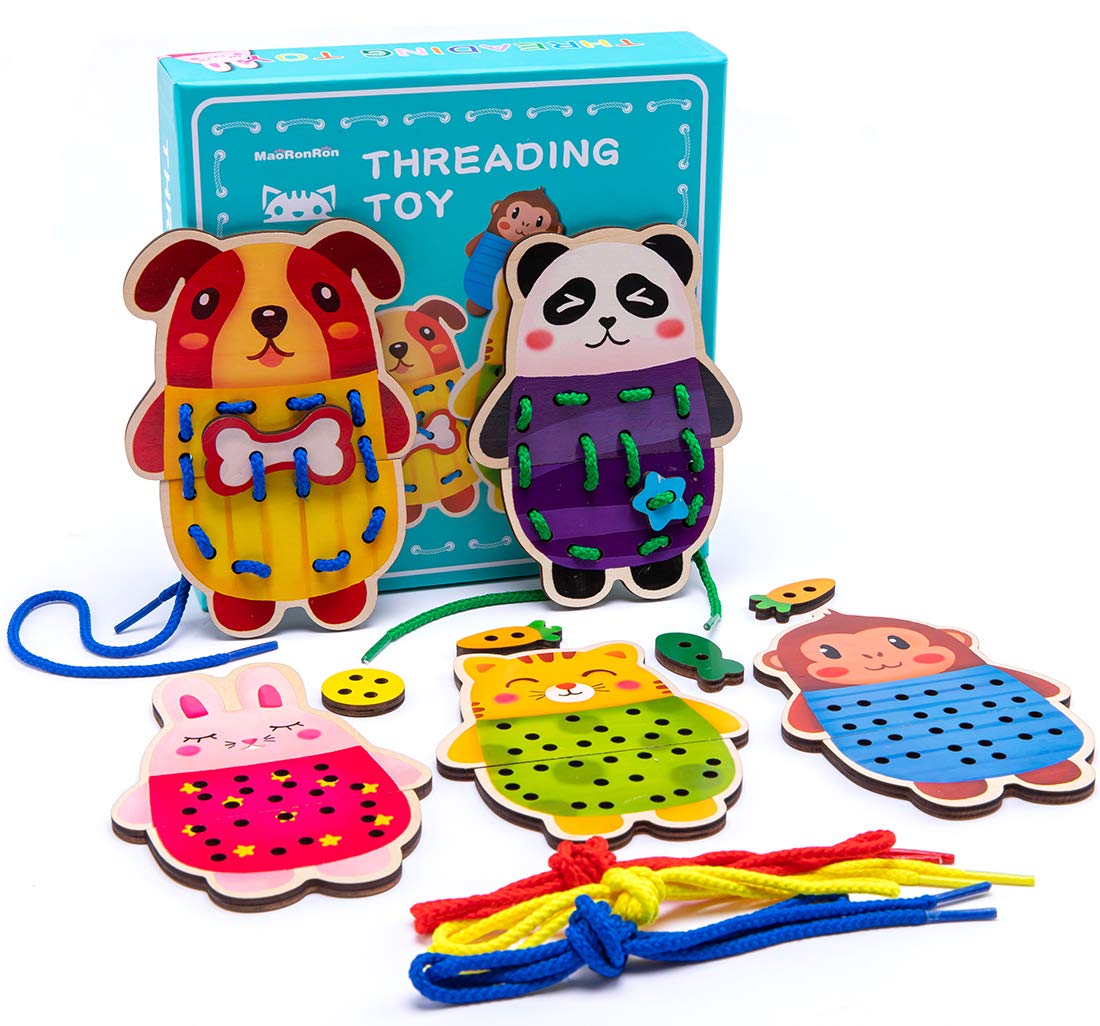 Promise Babe 5 Pack Animals Lacing Cards Wood Block Puzzle Threading Toys Montessori Toy Sewing Cards for Toddler Educational Preschool Toys…