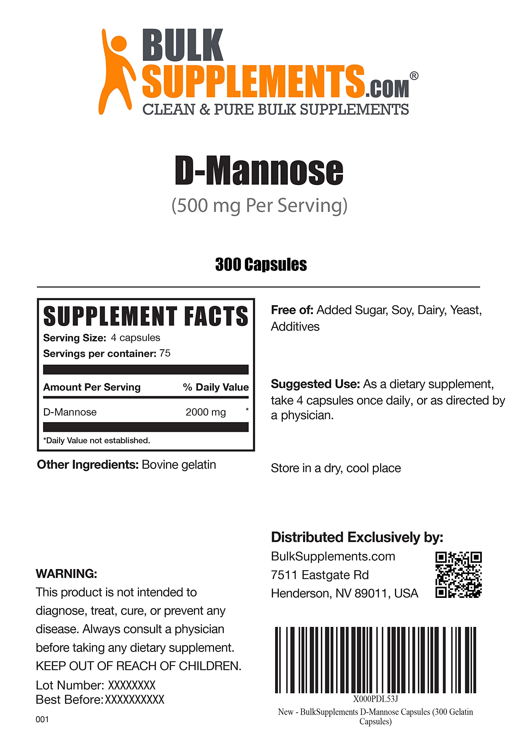BulkSupplements.com D-Mannose Capsules - D-Mannose Supplement for Urinary Tract Support - Unflavored, Soy Free - 4 Capsules per Serving - 75-Day Supply (300 Capsules)