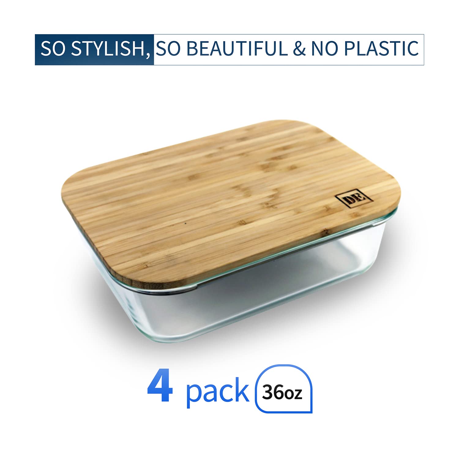 DE Glass Food Storage Containers with Bamboo Lids (4 Pack, 36 Ounce) Eco Friendly Meal Prep Containers Reusable β Airtight, Plastic Free, BPA Free