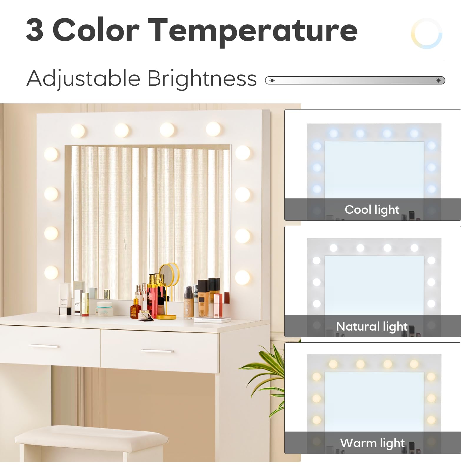 CLIPOP Modern Makeup Table with Mirror and Chair, Dressing Table with Light, 2 Drawers, Bedroom Dressing Table with 12 LED Lights and 3 Colors Lighting, Vanity Stool for Women, Girl’s Room (White)