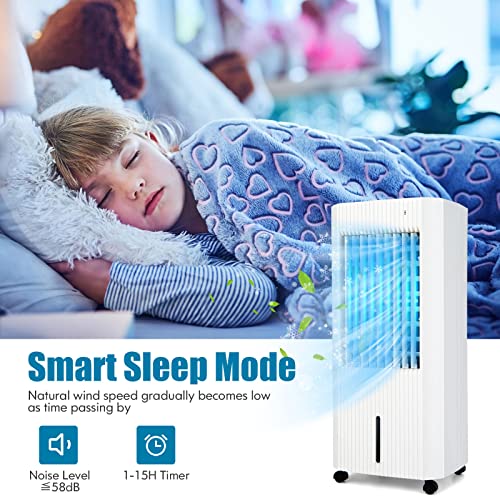 PETSITE Evaporative Air Cooler, 3-IN-1 Cooling Fan & Humidifier with Remote, 2 Ice Packs, 15H Timer, 1.3 Gal Water Tank, Personal Swamp Cooler for Bedroom with Cold Air