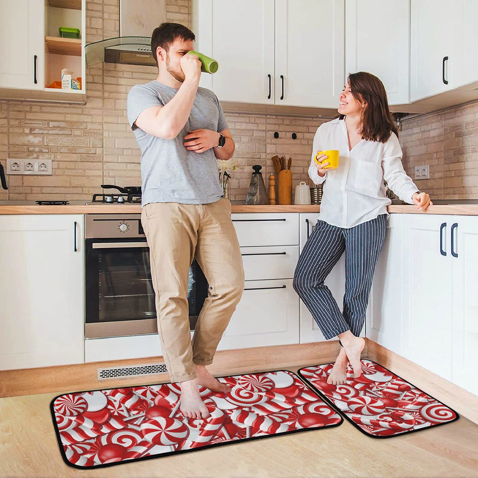 CUPADA Christmas Sweets Kitchen Rugs and Mats 2 Pcs, Candy Canes Non-Slip Floor Runner Mat for Living Room Bedroom Dorm Hallyway Home Decor 19.7"x27.6"+19.7"x47.2"