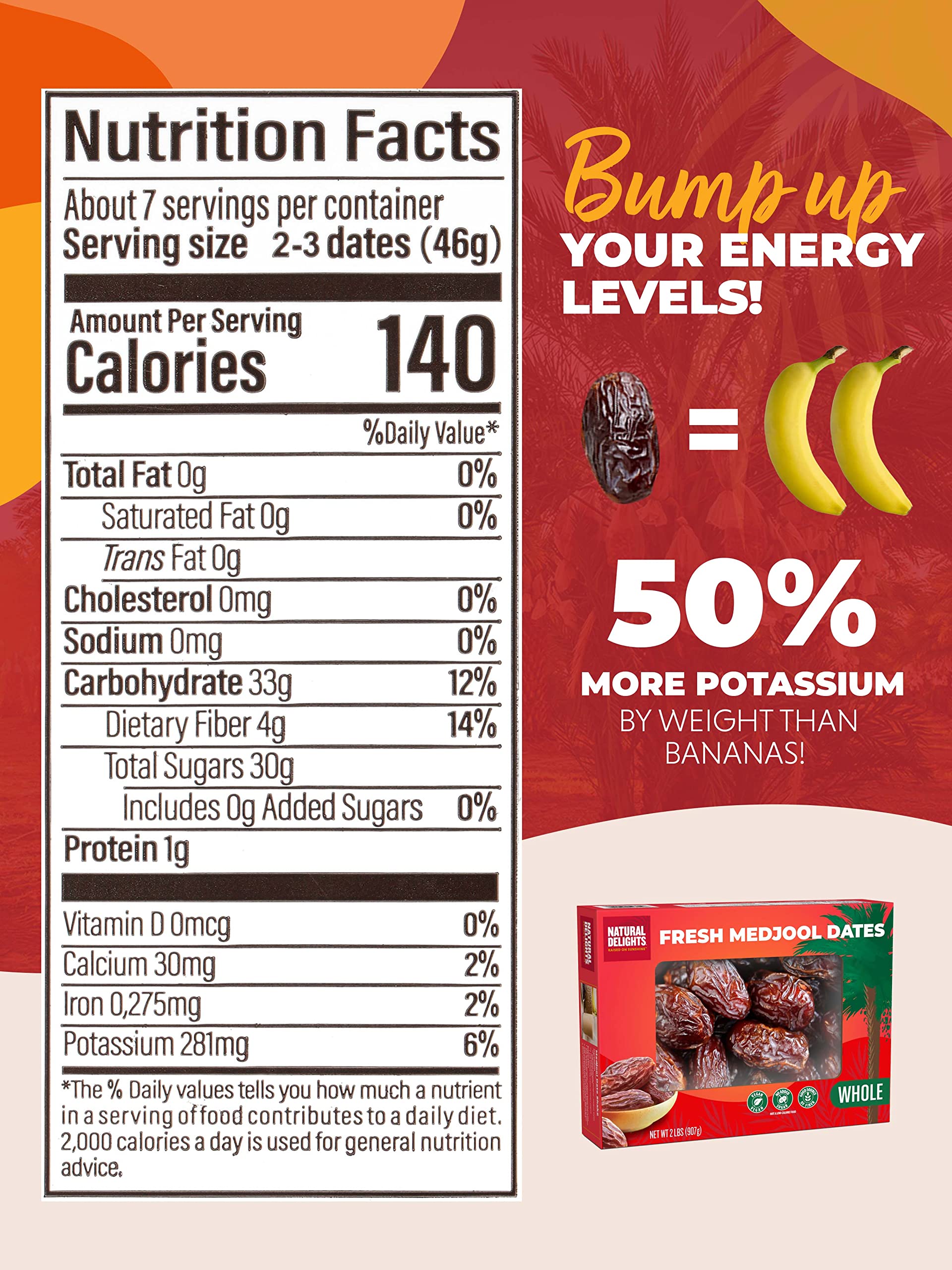 Natural Delights Dates – Large & Plump, Non-GMO Verified, Good Source of Fiber, Naturally Sweet Fruit Snack, Perfect for On-the-Go - Medjool Dates Whole, 2 lb Box