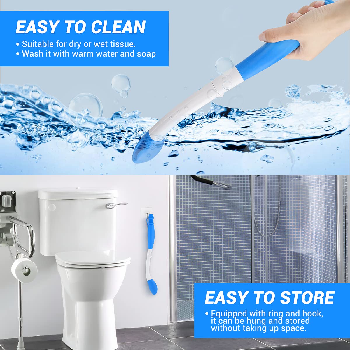 Foldable Butt Wiper, Jhua 15.7" Toilet Aids for Wiping, Comfort Silicone Bottom Buddy Wiping Aid with Hanging Ring, Hook, Carrying Bag, Toilet Aid Tools Bathroom Personal Care, Blue