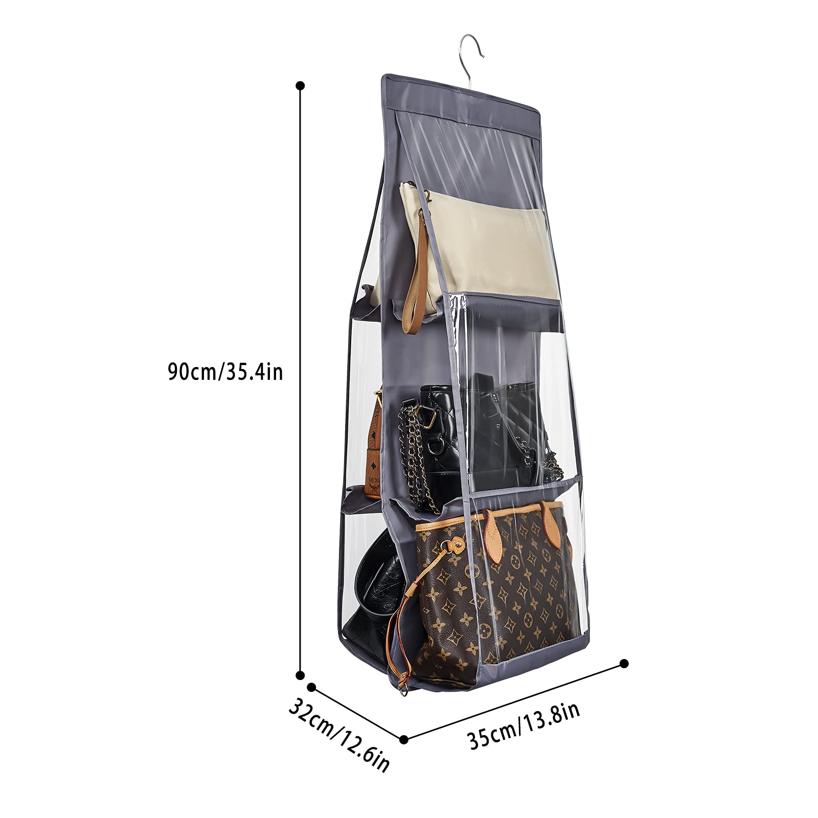 Vercord Hanging Purse Organinzer Handbag Tote Hanger Closet Dustproof Storage Bag with Six Pockets Grey