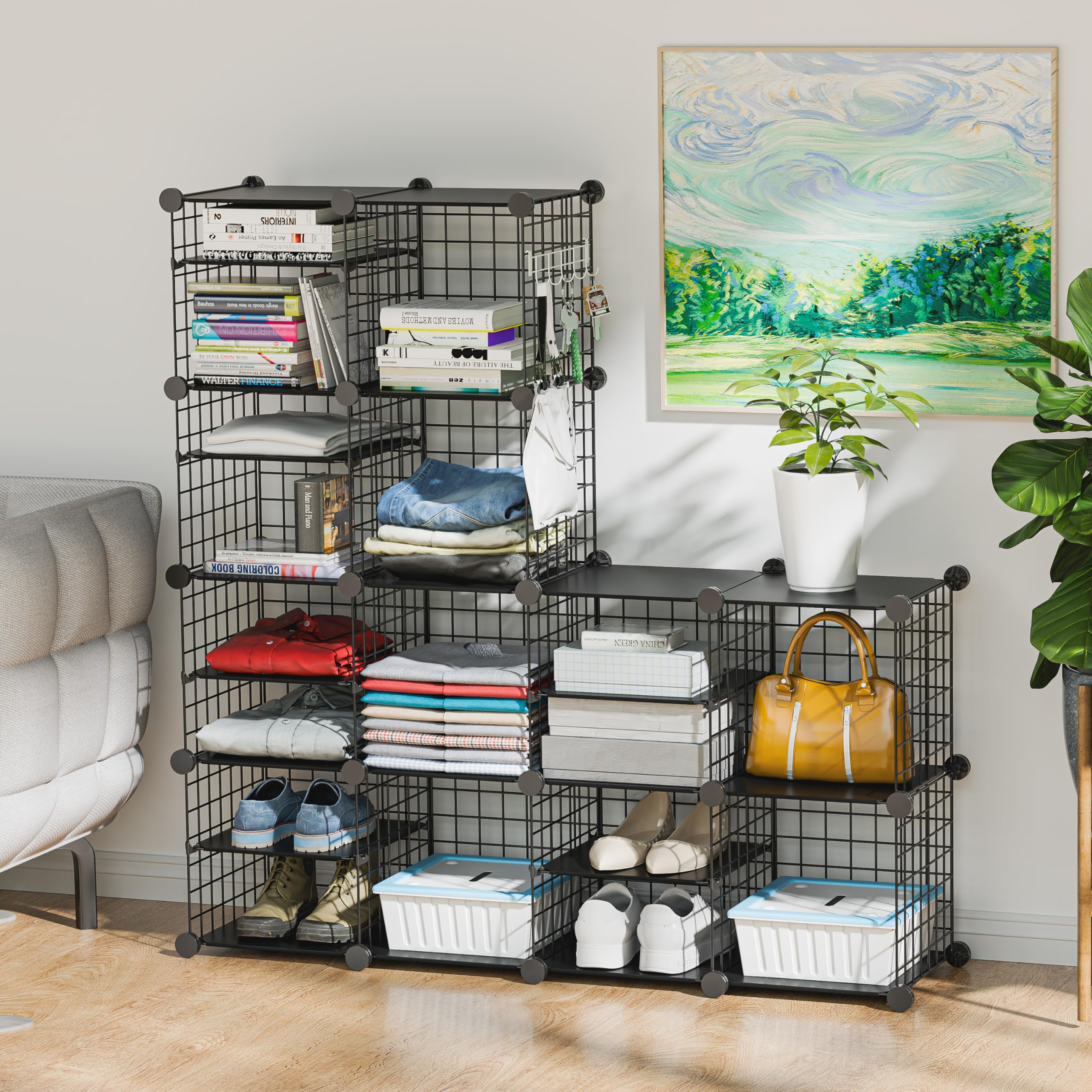 Kiivoena Wire Cube Storage Organizer, 12 Cubes Converted into 14 Cubes, Sturdy Metal Grids Storage Shelf Closet Shelving Units and Storage, Shelves for Bedroom LIvingroom Office