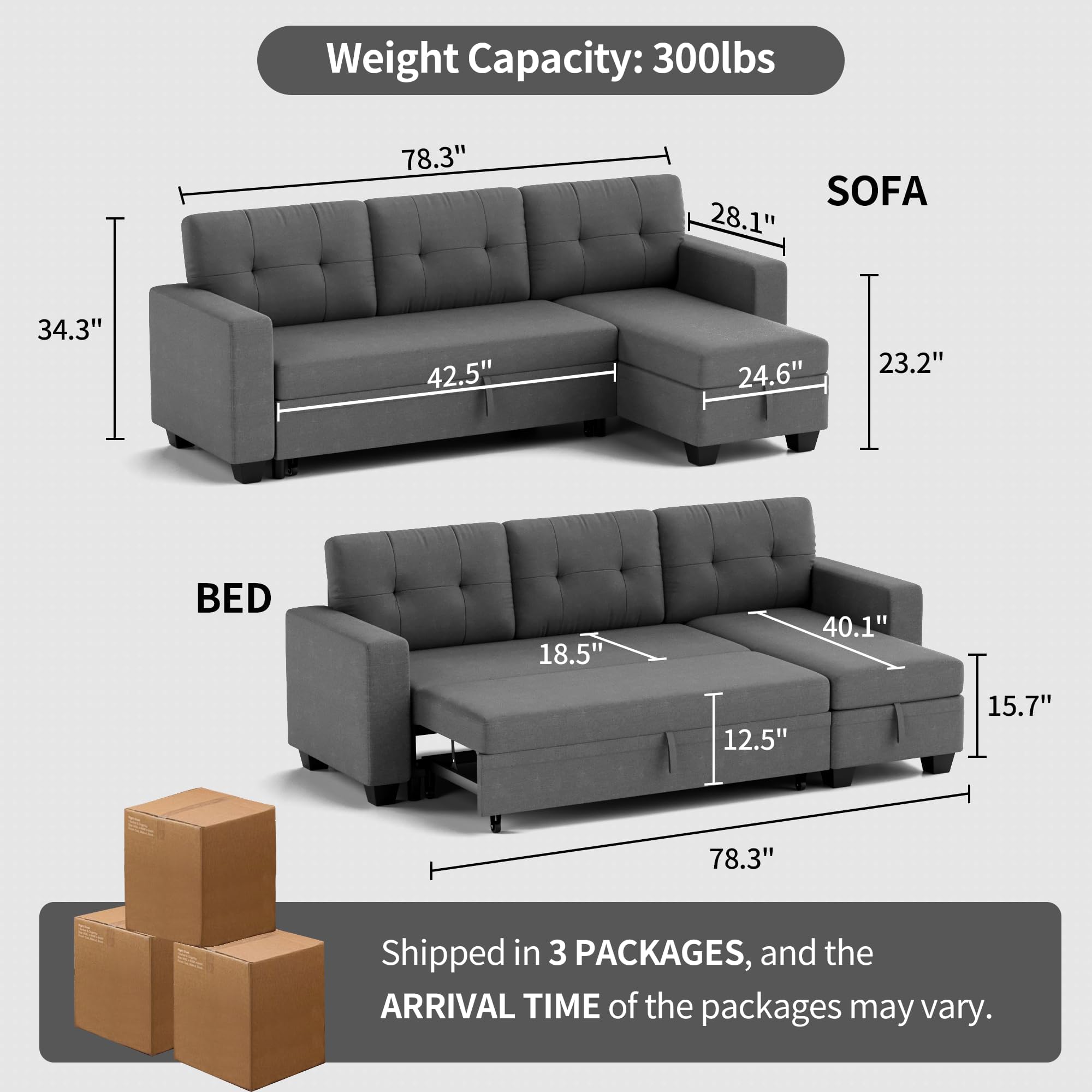 Furniwell Sleeper Sofa, L Shaped Pull Out Couch Sofa Bed with Storage Chaise Sectional Couch for Small Apartments, Living Room and Office (Linen Fabric)