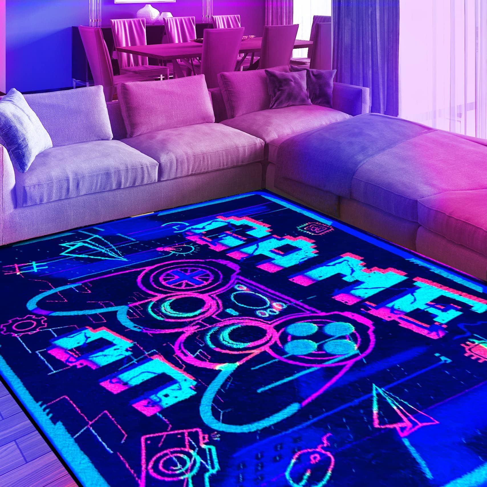 EISKBC Blacklight Gaming Area Rug, Neon 3D Game Controller Carpet, Non-Slip UV Reactive Fluorescent Floor Mat, Glow in The Dark Large Play Mat for Kids Game Room Playroom Decor, 70x47inch