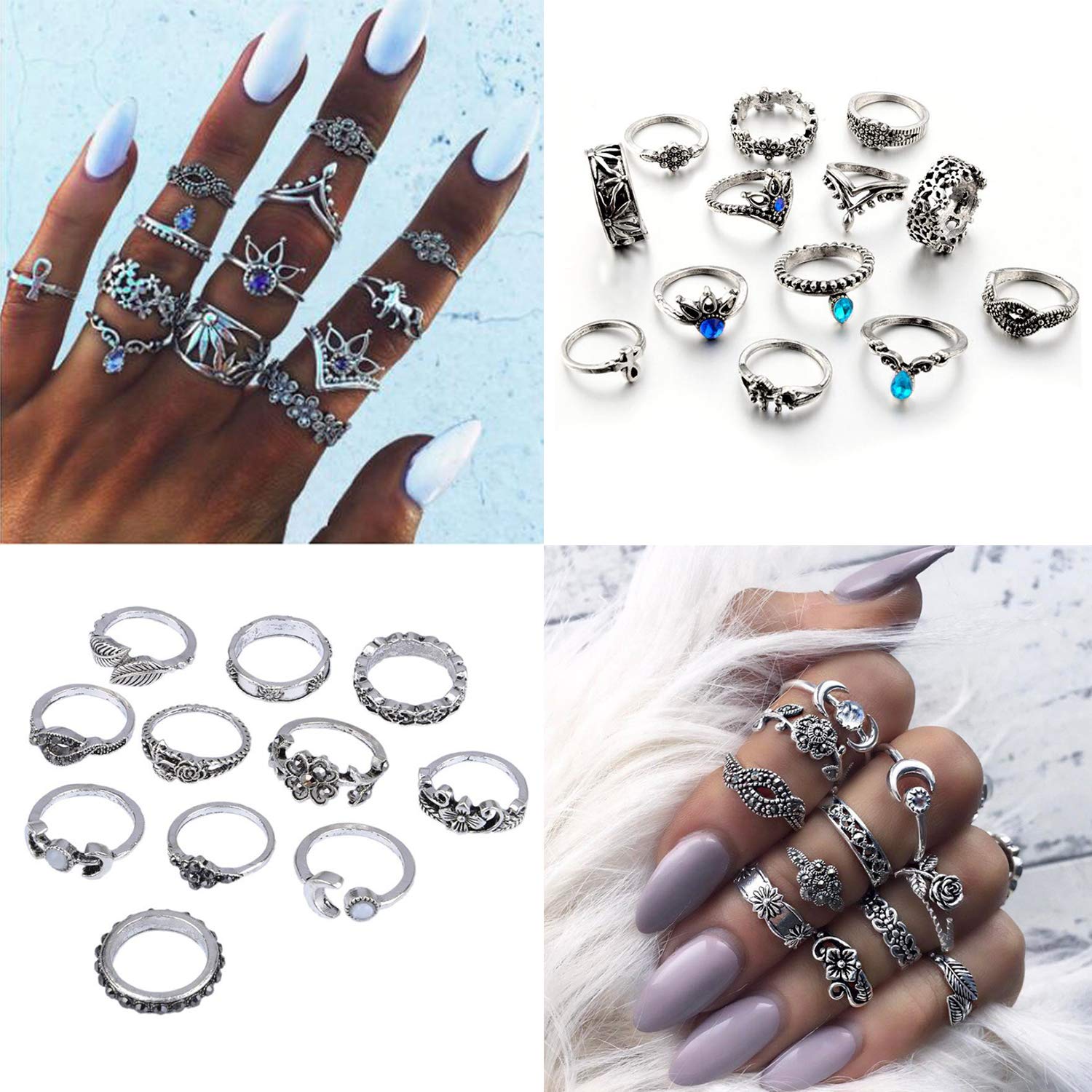 CASSIECA 79 Pcs Vintage Knuckle Rings for Women Turquoise Bead Stackable Midi Finger Ring Set Boho Jewelry