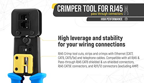 EMS RJ45 Crimp Tool Kit, With 50 Cat6 Pass Through Connectors and 50 Clear Cable Strain Relief Boots + Extra blades - EZ Cut, Strip, Crimp Ethernet Cables