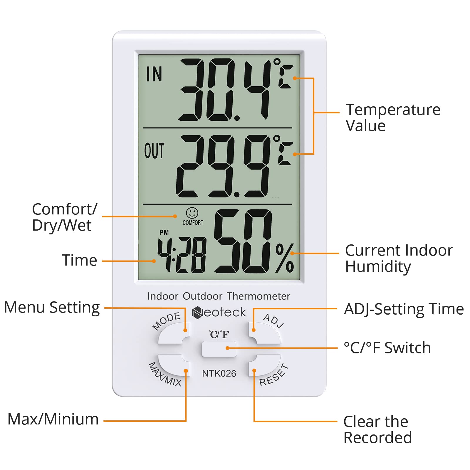 Neoteck 3 in 1 Thermometer Hygrometer with Clock Large LCD Display, Digital Humidity Temperature Meter 1.5m Sensor Wire for Indoor Outdoor Use