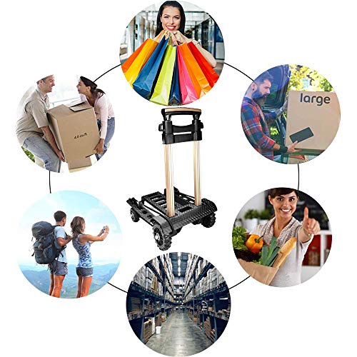 Folding Hand Truck Portable Dolly Compact Utility Luggage Cart with 70Kg/155Lbs Heavy Duty 4 Wheels Solid Construction Adjustable Handle for Moving Travel Shopping Office Use (Black)