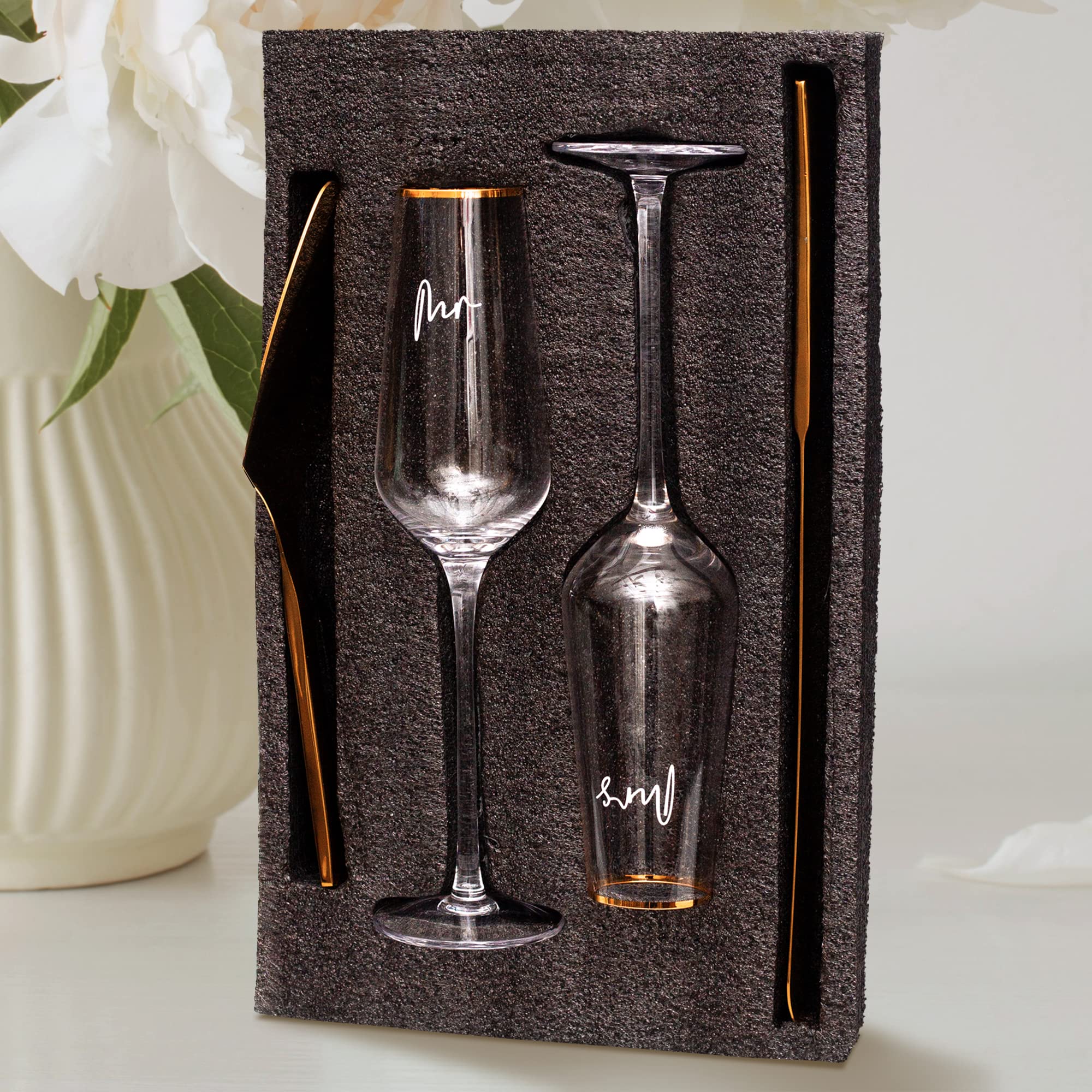 J&A Homes Rose Gold Wedding Cake Knife Server Set and Toasting Flutes - Reception Bride Groom Wedding Party Champagne Glasses Pie Cake Cutting Engagement Gift
