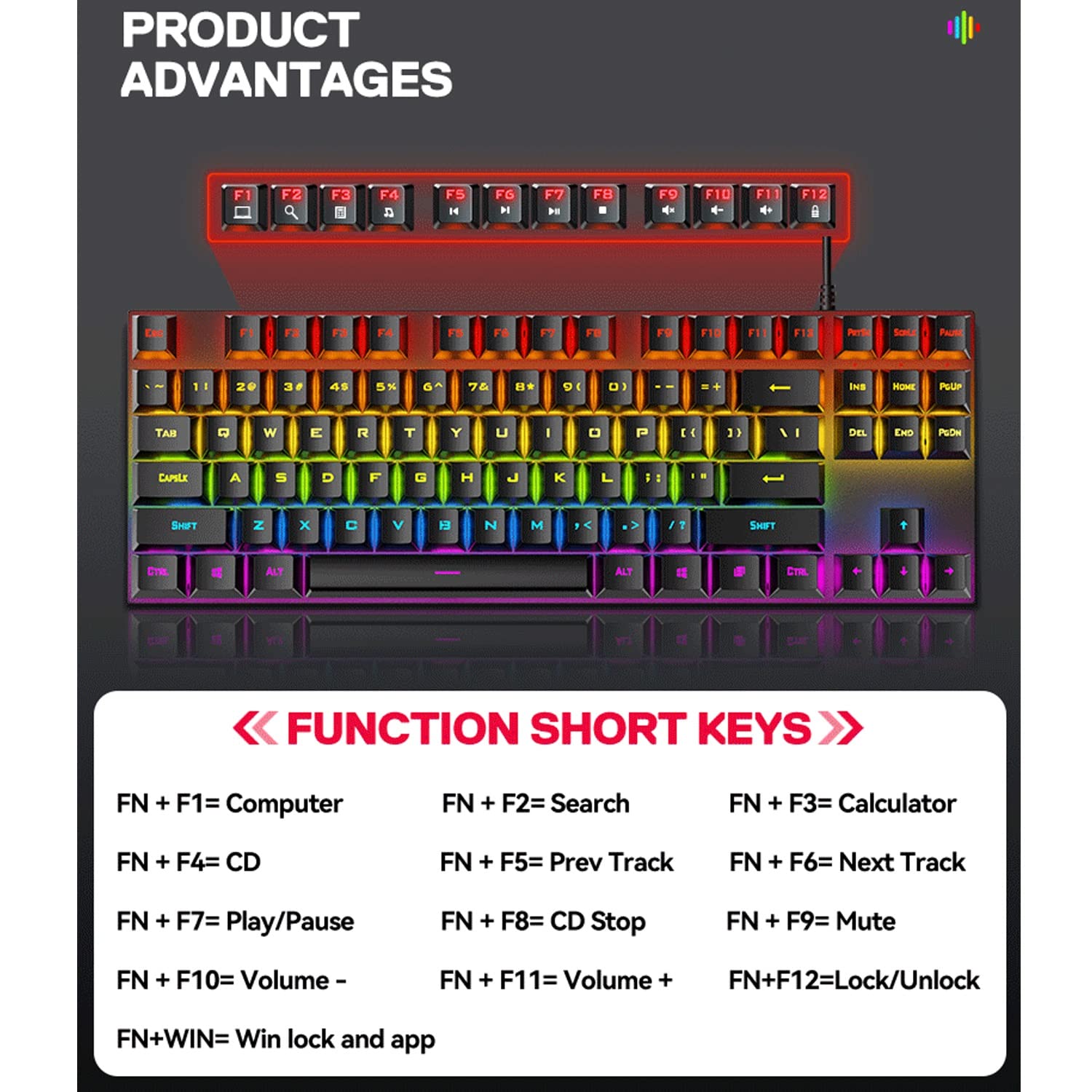 EXHNLE 87 Keys Gaming Keyboard, Mechanical Keyboard RGB Backlit Compact Keyboard Portable USB Wired Keyboard for PC Gamers