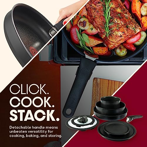 T-fal Ingenio Nonstick Cookware Set 8 Piece Induction Stackable, Detachable Handle, Removable Handle, RV Cookware, Cookware, Pots and Pans, Oven, Broil, Dishwasher Safe, Black
