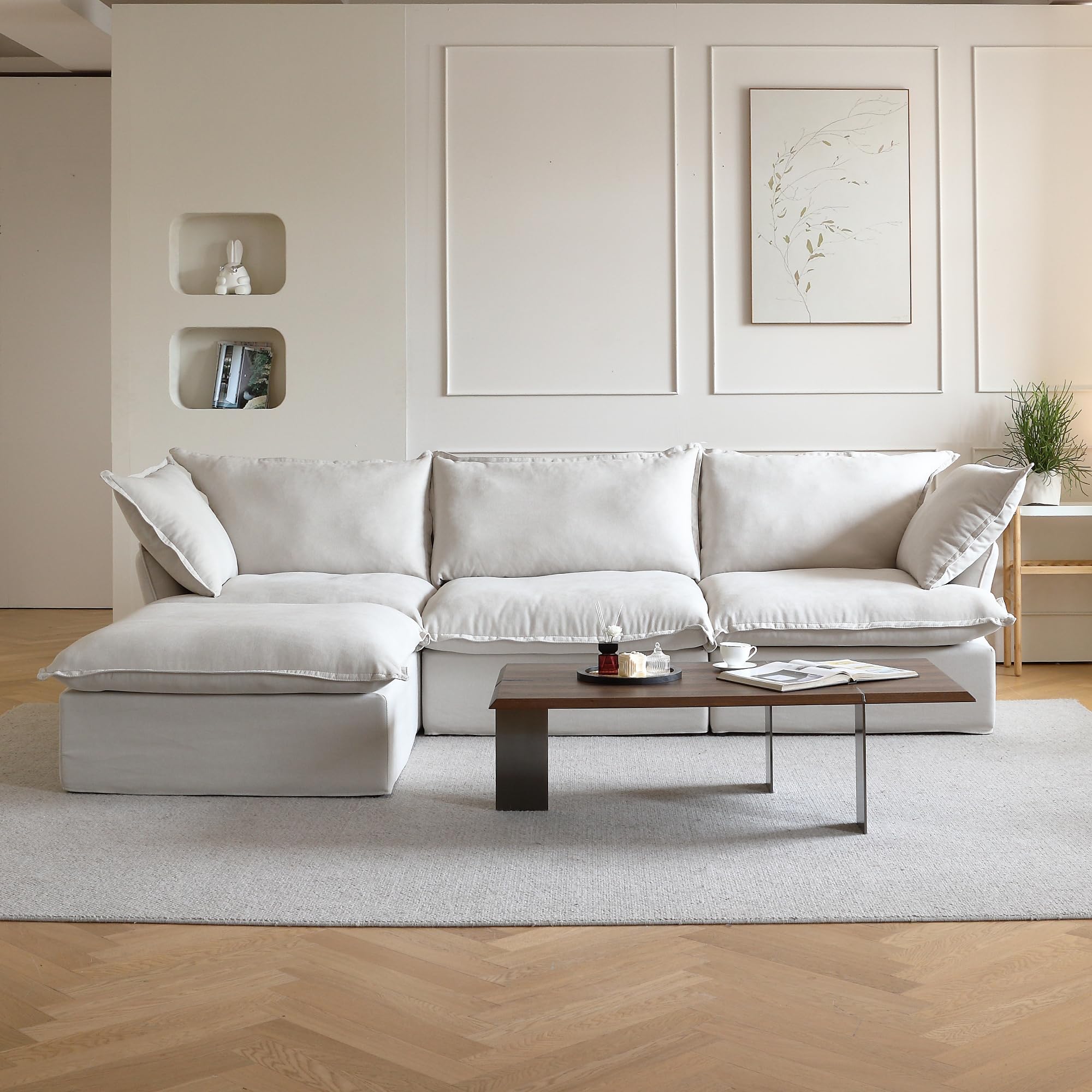 JACH L Shape Sectional Couches, Deep Couch Sectional Sofa with Chaise Ottoman, Modern Modular Sectional Sofas, Cushion Covers Removable, Two Corners and A Middle Sofa for Living Room (Beige)