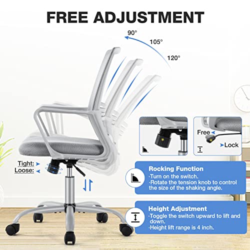 Office Chair - Ergonomic Office Chair Mid Back Office Desk Chair with Wheels Computer Chair with Lumbar Support Home Office Chair with Armrests for Adults, Grey