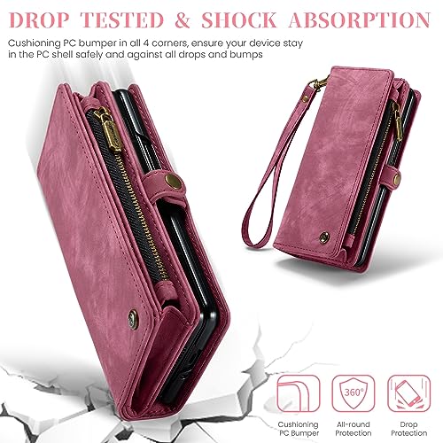 phone flip case Wallet Case Compatible with Samsung Galaxy Z Fold 5,2 in 1 Detachable Premium Leather Magnetic Zipper Pouch Wristlet Flip Phone Case,Matte Soft Leather+TPU Bottom Shell Case W Card Hol