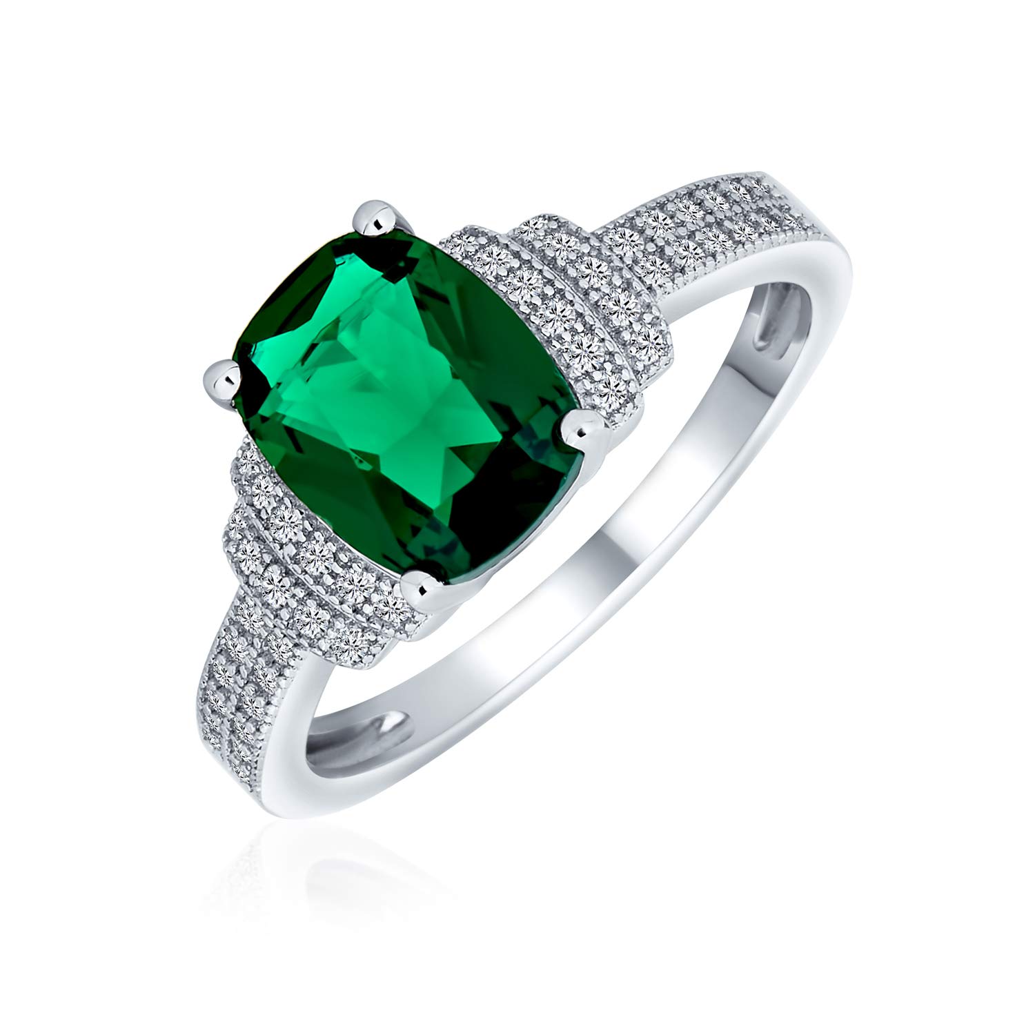 Bling Jewelry Art Deco Style 5CT Cubic Zirconia CZ Cocktail Pave Rectangle Green Simulated Emerald Cut Statement Engagement Ring For Women .925 Sterling Silver