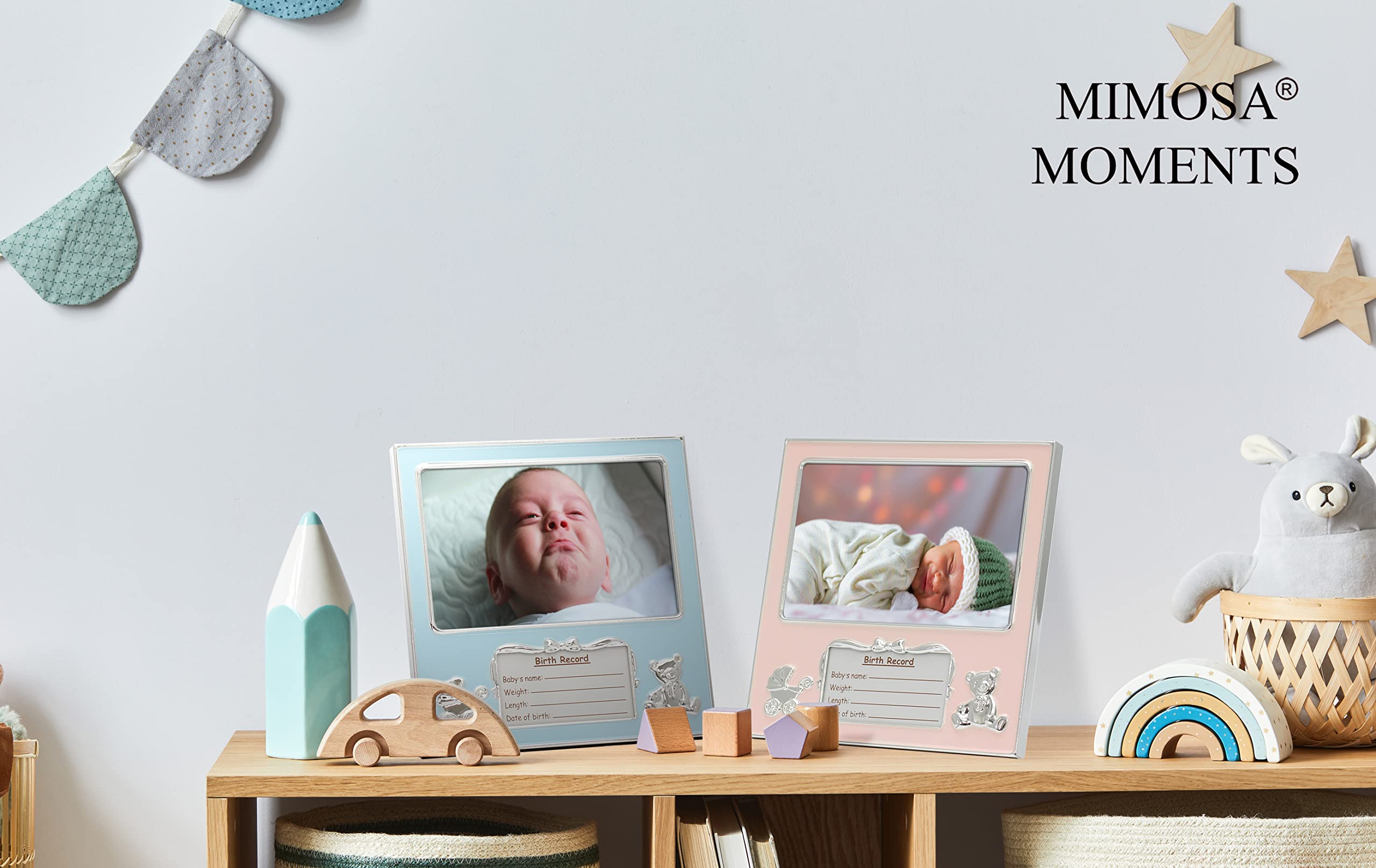 MIMOSA MOMENTS Bear and Pram Silver-tone Metal Baby Girl Picture Frame with Birth Details Tag (4x6 horizontal, Silver-tone & Pink)